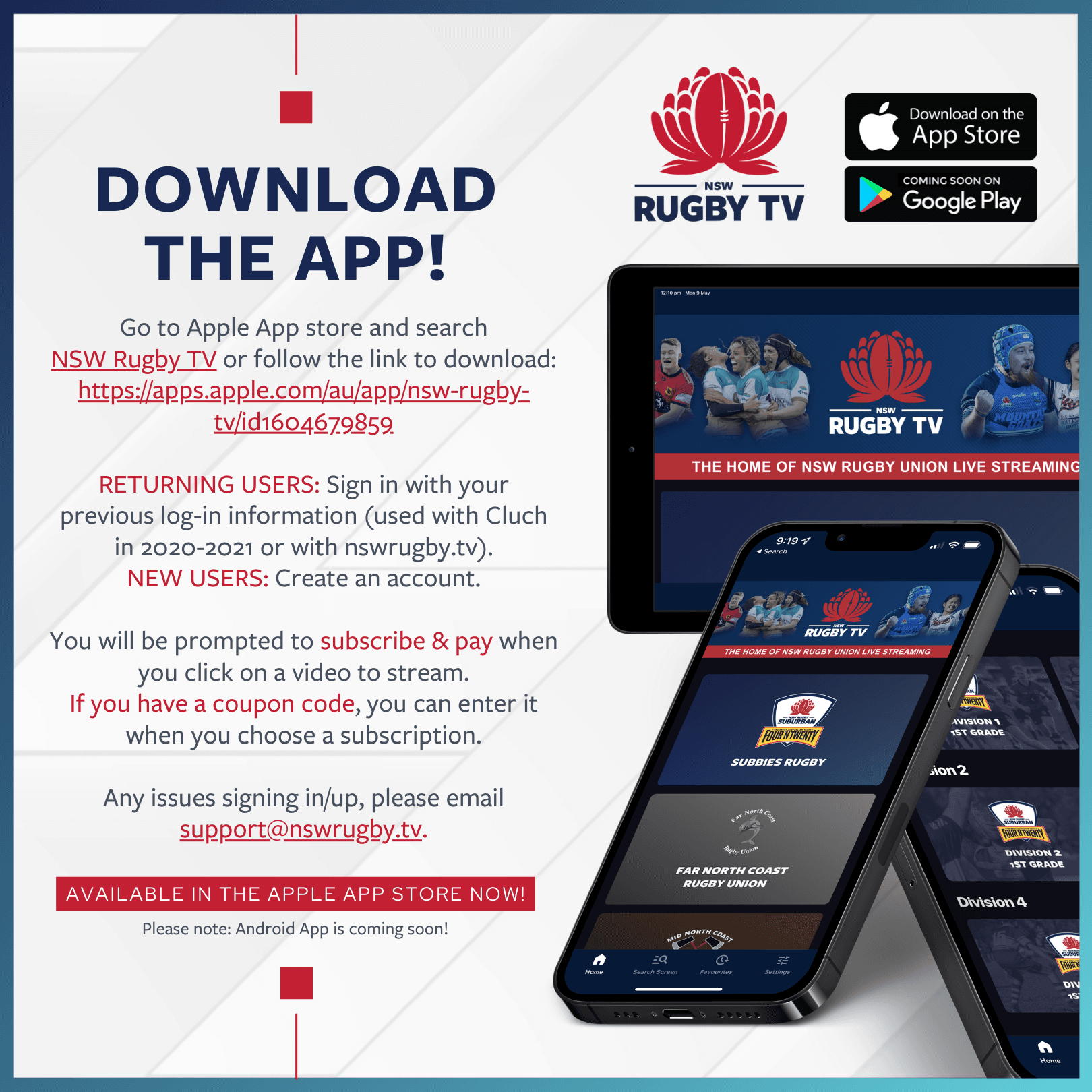Dedicated community rugby streaming service NSW Rugby TV app launches today